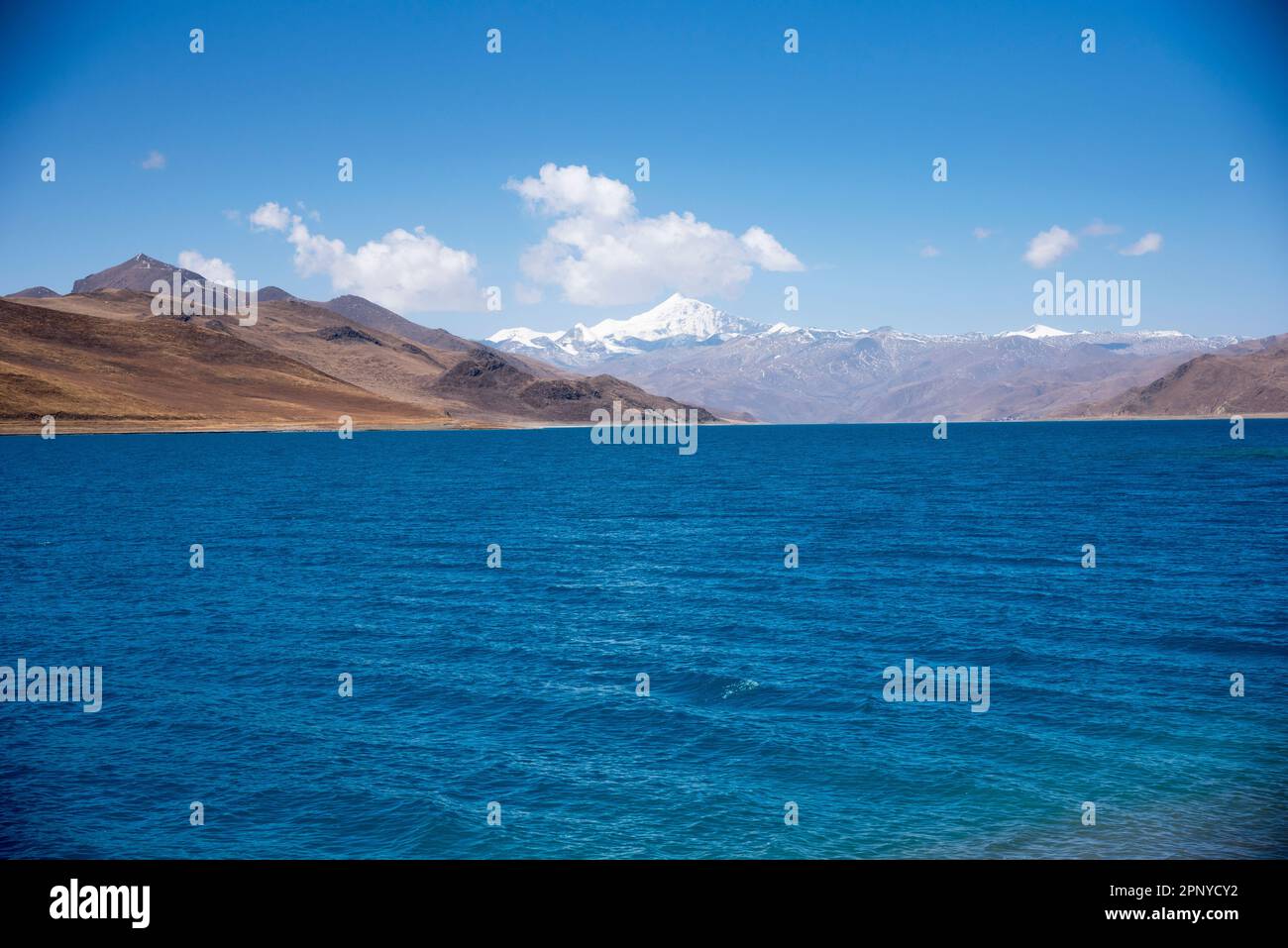 the vibrant lake Yamzho Yumco is surrounded by the Himalayan mountains ...