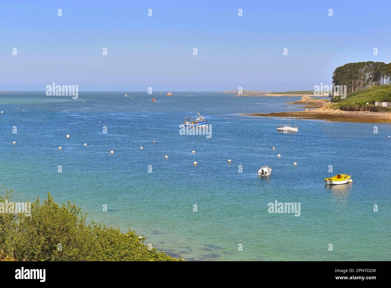 sea view with boats and fishing boat in the aber Benoit in Brittany ...