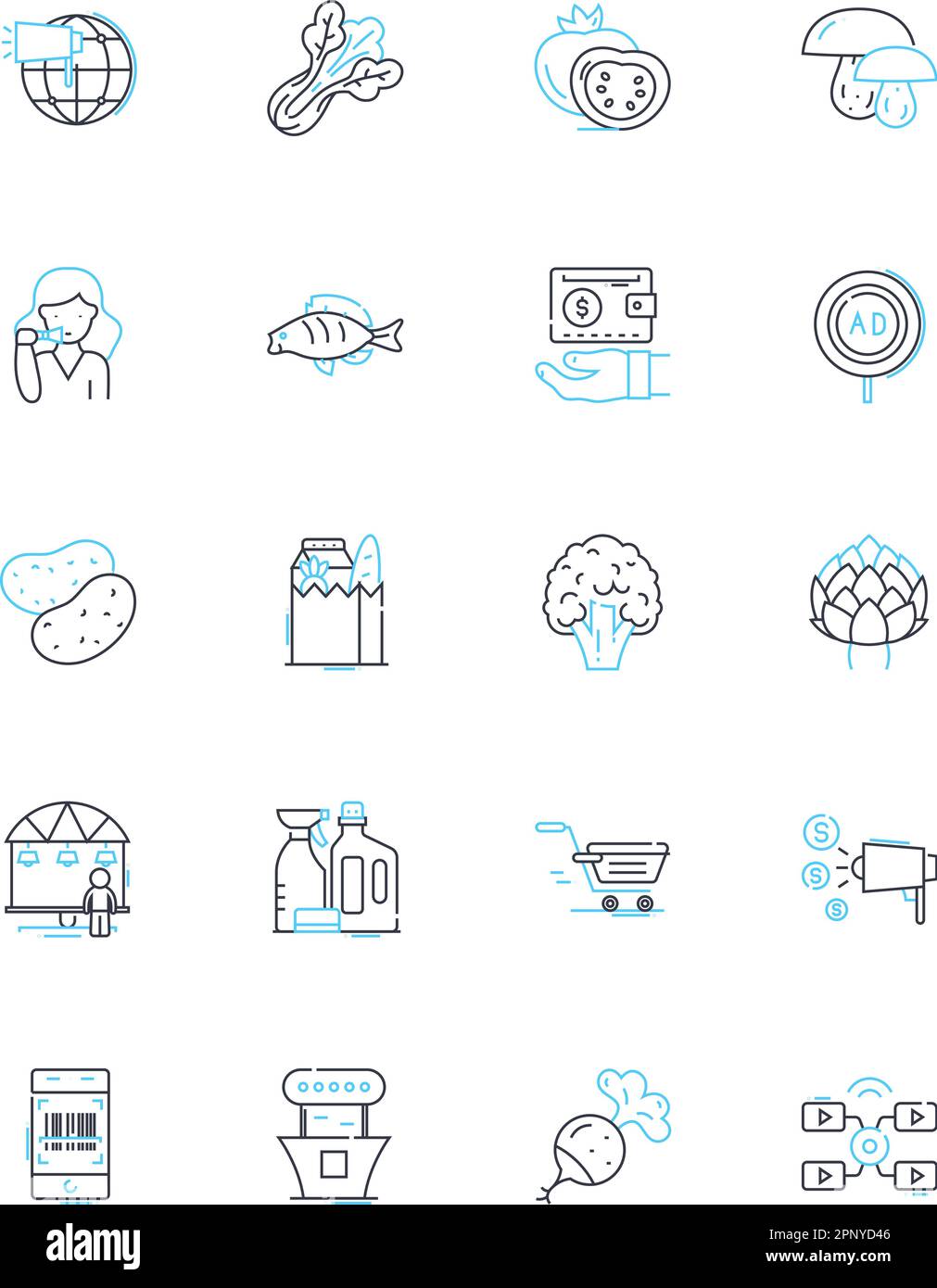 Food items linear icons set. Avocado, Bacon, Bread, Broccoli, Burgers ...