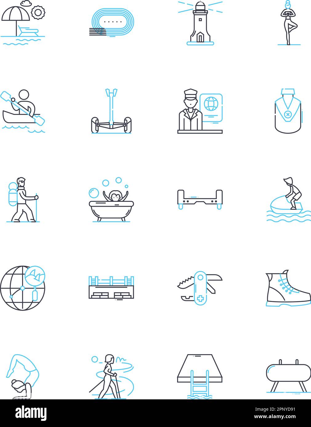 Leisure market linear icons set. Entertainment, Travel, Adventure, Recreation, Relaxation ...