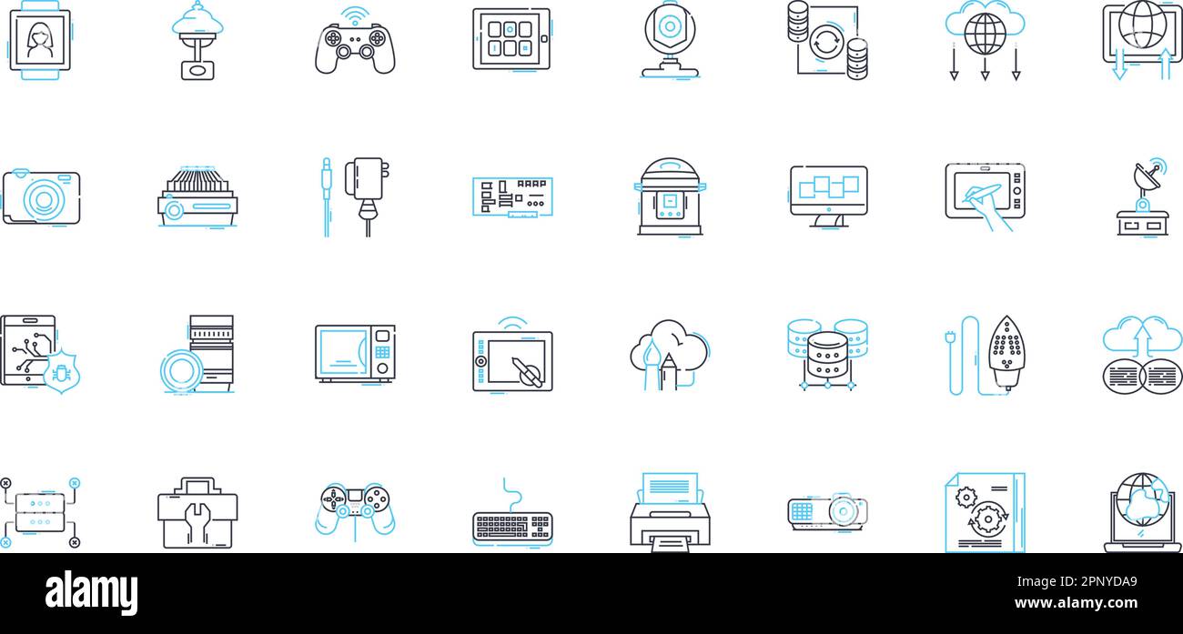 Electronic workplaces linear icons set. Digitized, Automated, Electronically-connected ...