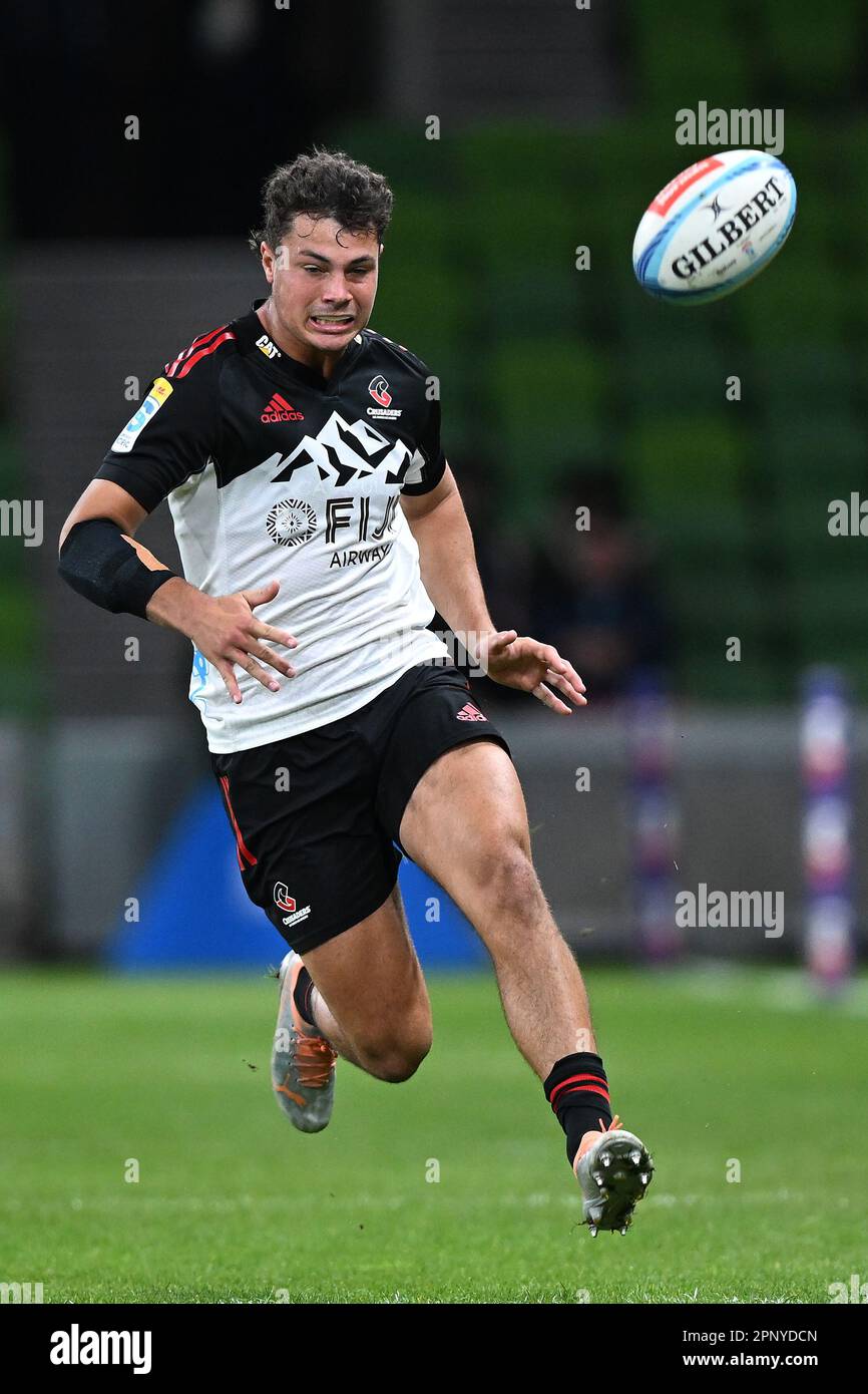 Macca Springer of the Crusaders kicks the ball during the Super Rugby ...
