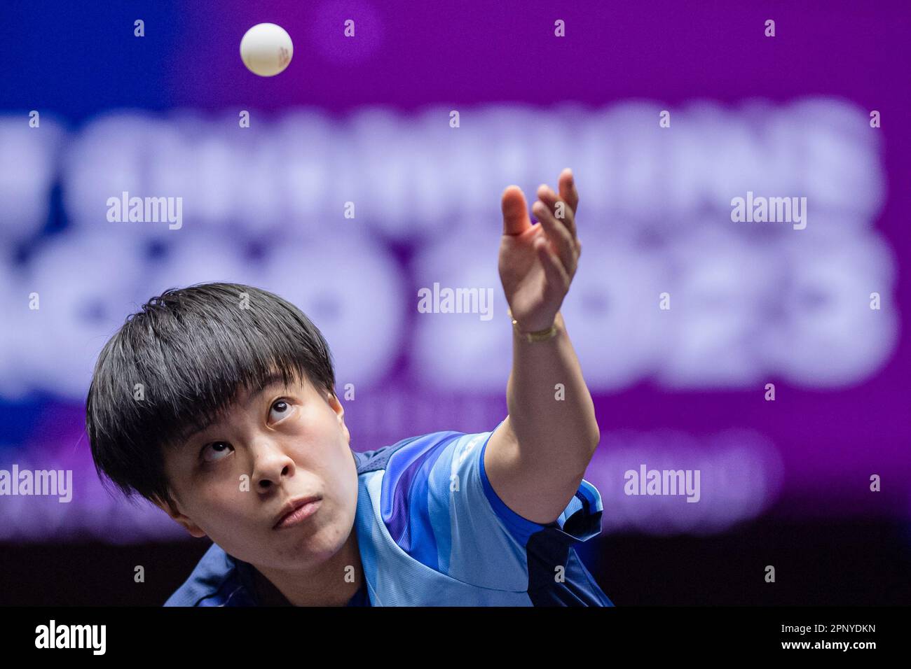 Macao, China. 21st Apr, 2023. Wang Yidi of China serves to Cheng I ...