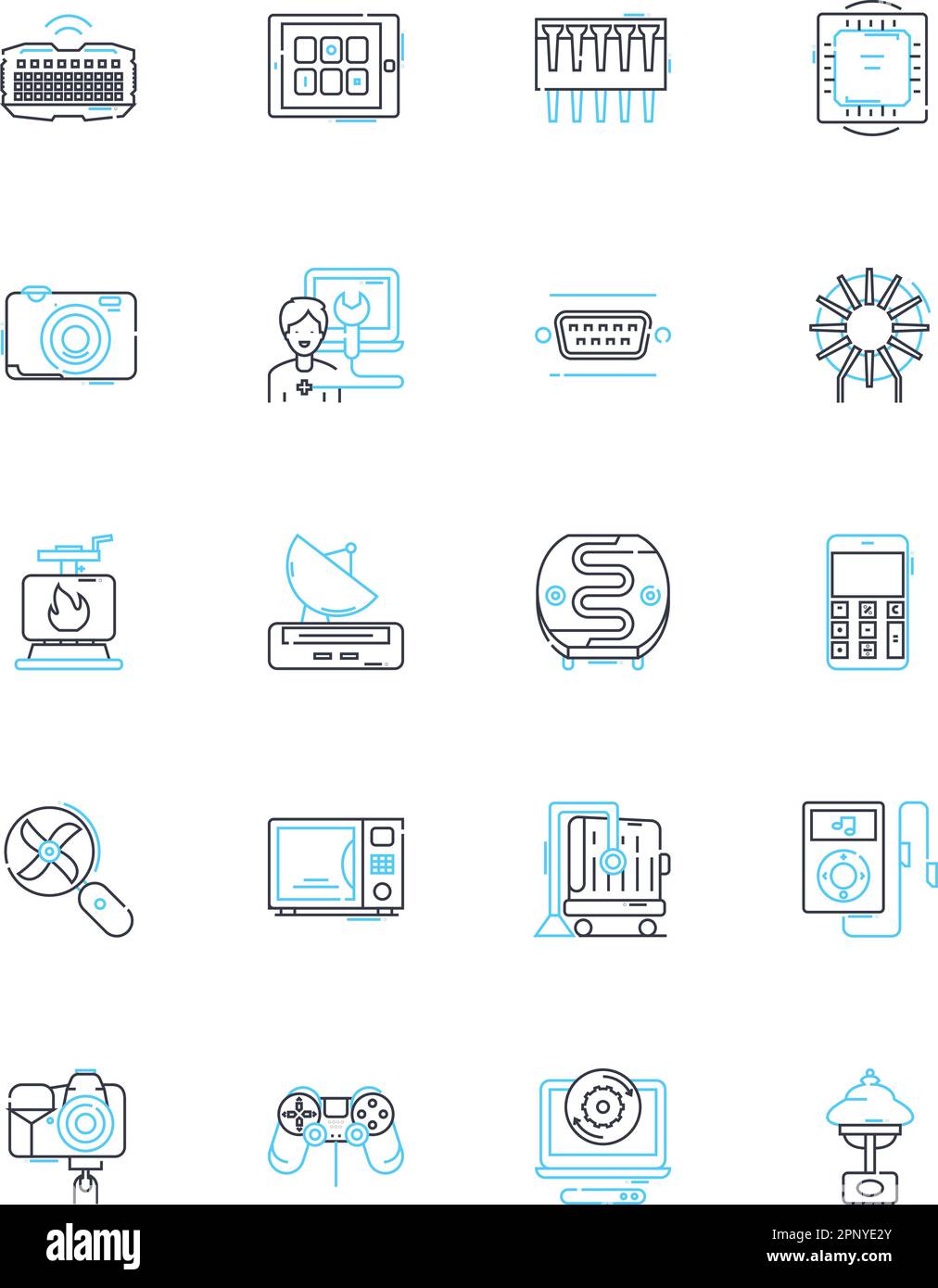 Digital devices linear icons set. Smartph, Tablet, Laptop, Desktop, Camera, Printer, Scanner ...