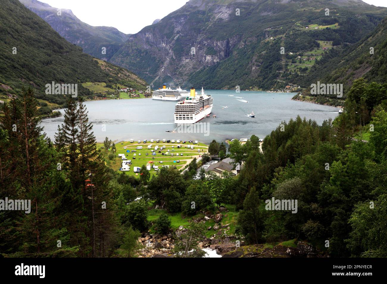 View of cruise ships in Geirangerfjord, Geiranger town, UNESCO World ...
