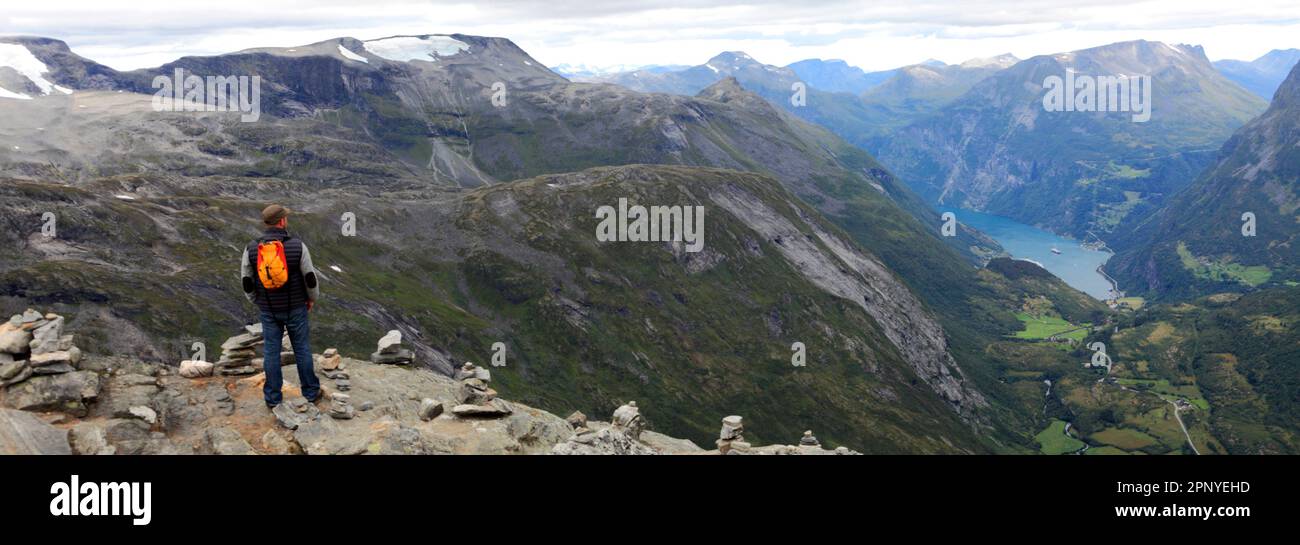 Tourists at the Dalsnibba mountain viewpoint, Geirangerfjord, UNESCO ...