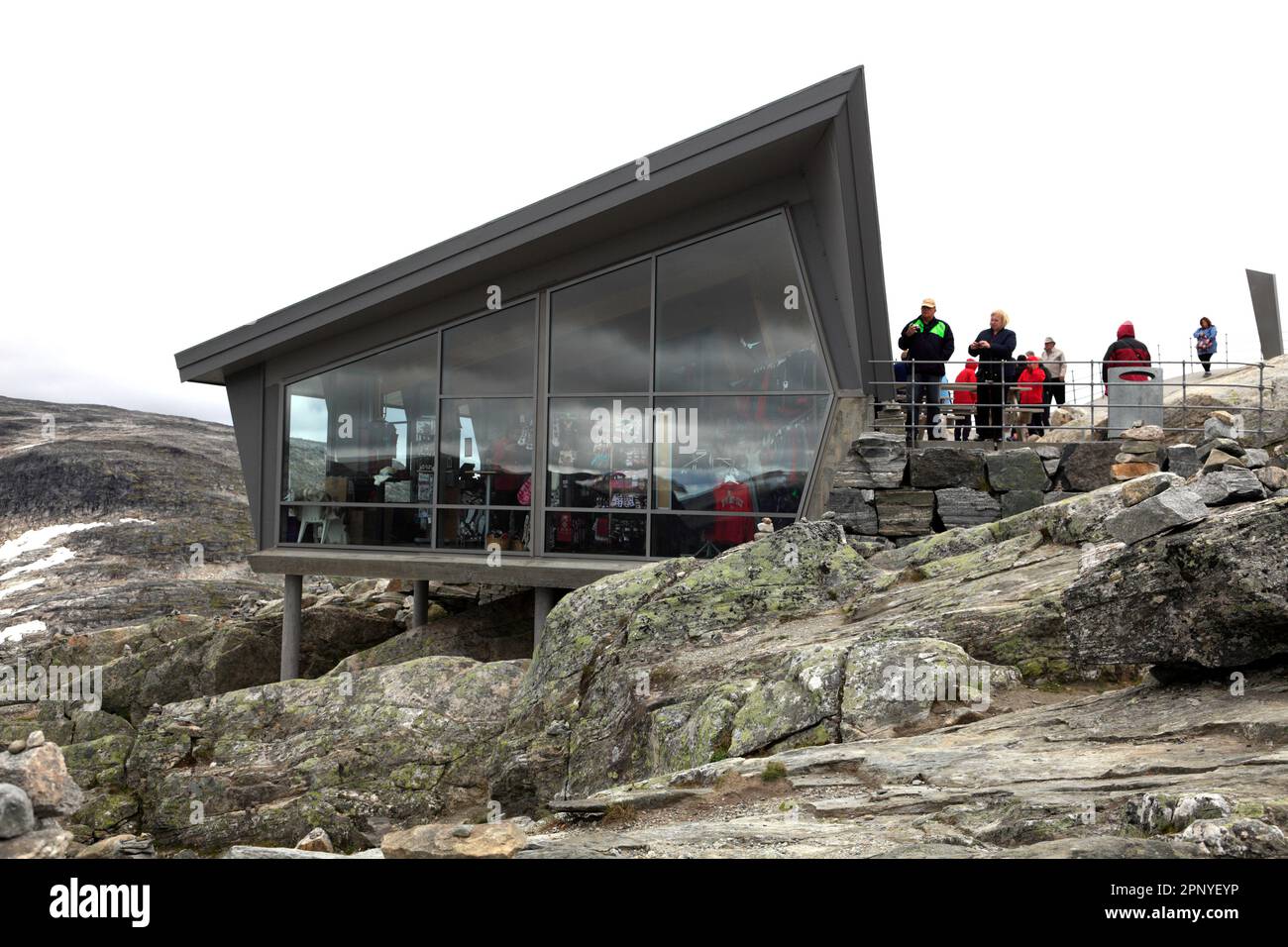Tourists at the Dalsnibba mountain viewpoint, Geirangerfjord, UNESCO ...