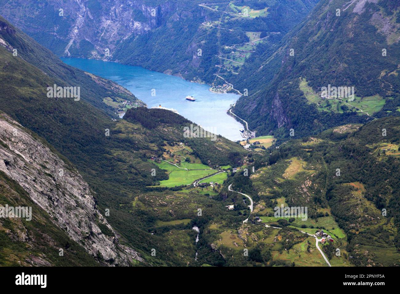 view of Geiranger town and Geirangerfjord, UNESCO World Heritage Site ...