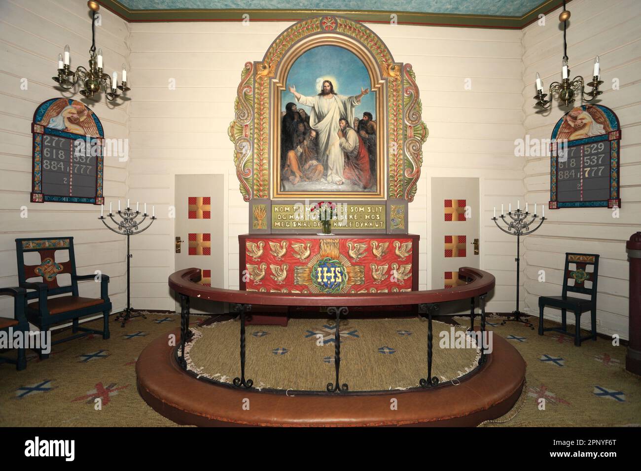 Interior of the white octagonal church at Geiranger village ...