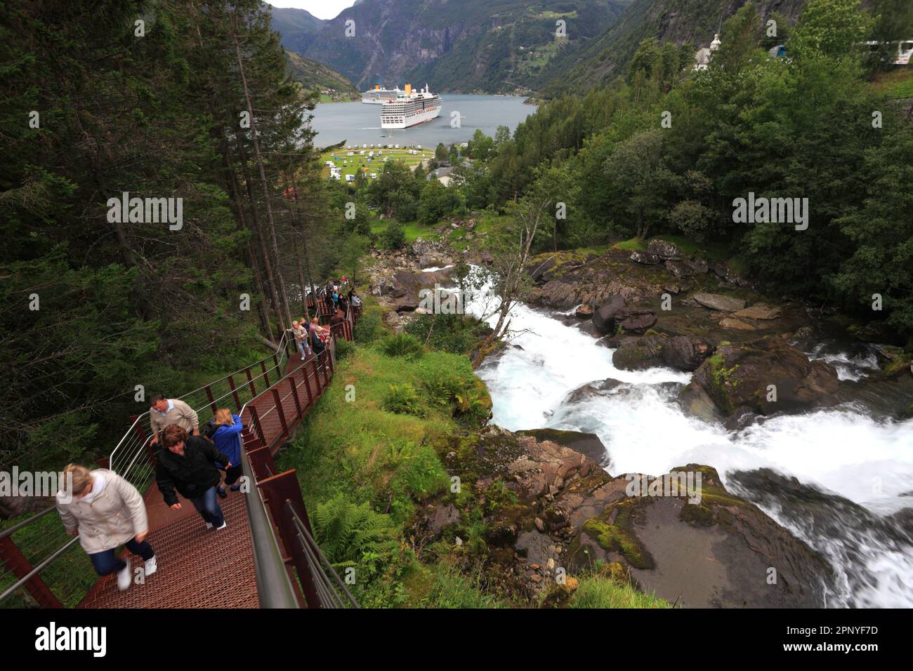 View of the river at Geiranger town, Geirangerfjord, UNESCO World ...