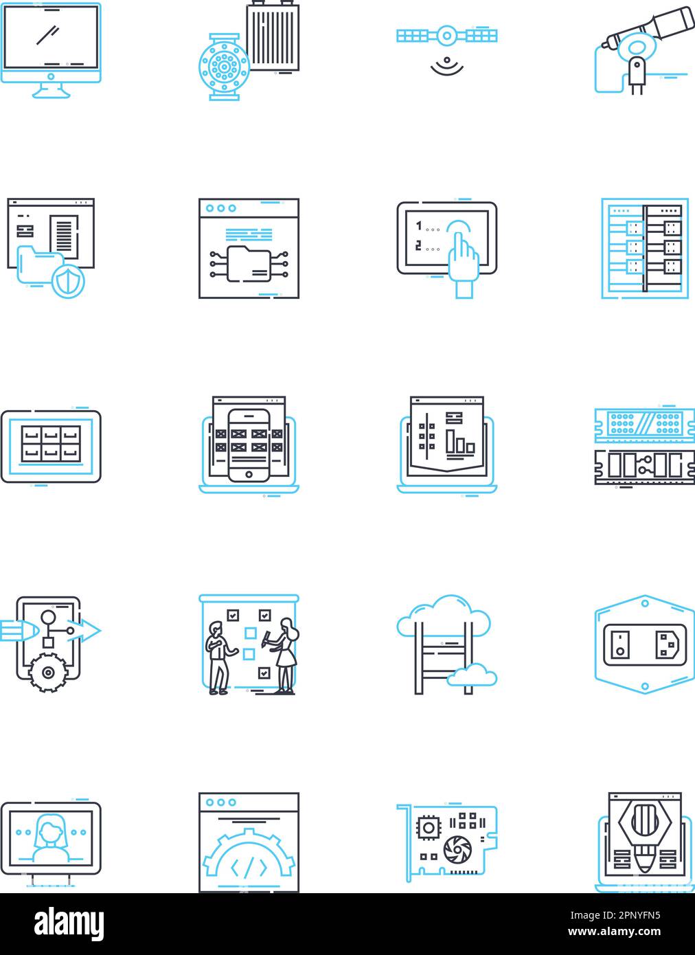 Digital device linear icons set. Smartph, Tablet, Laptop, Desktop, Smartwatch, Fitness tracker ...