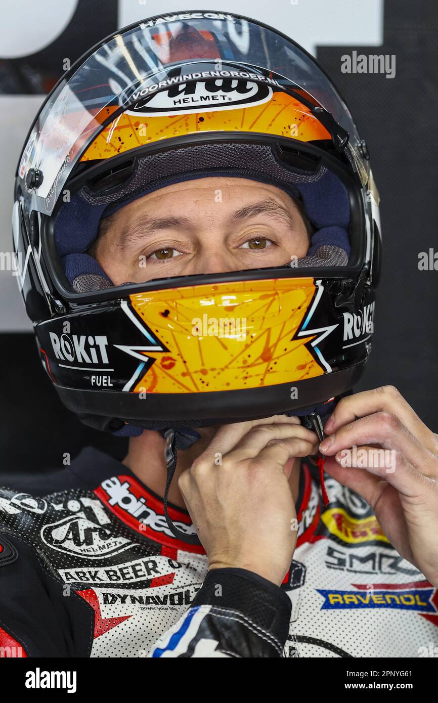 ASSEN - Michael van der Mark (NED) puts on the helmet during free ...
