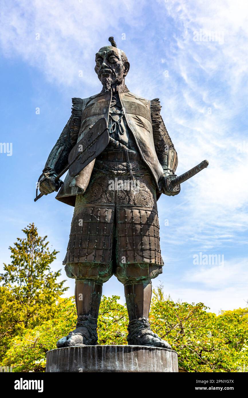 Osaka castle grounds April 2023, bronze statue of Toyotomi Hideyoshi at ...