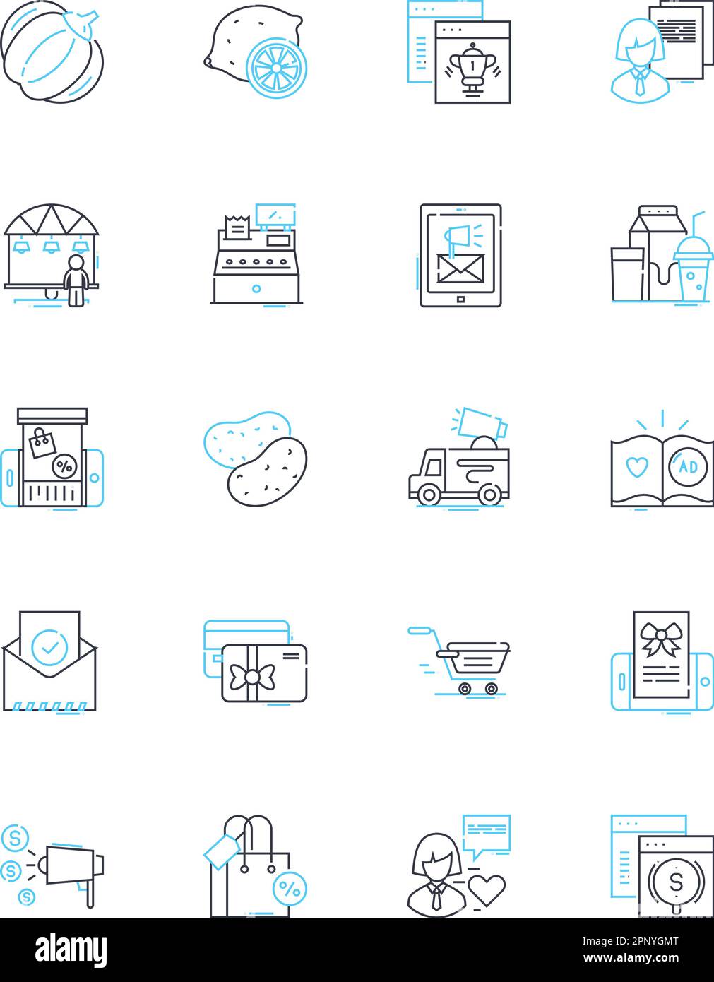 Retail center linear icons set. Shopping, Food, Clothing, Entertainment ...