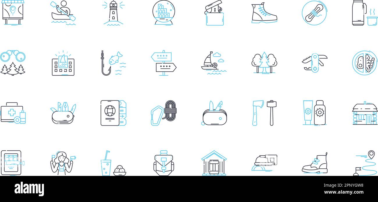 Trekking linear icons set. Adventure, Hiking, Mountains, Trail ...