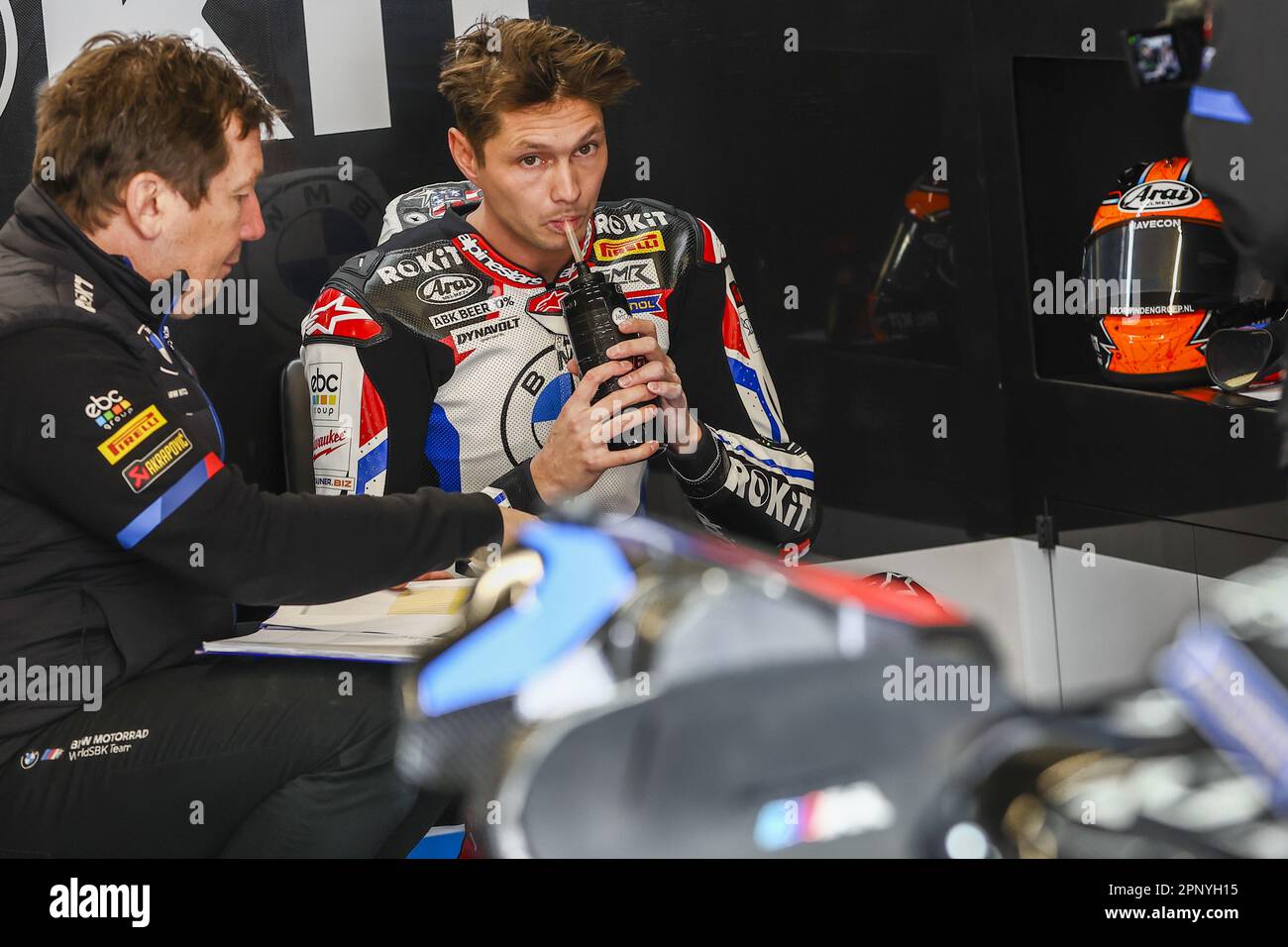 ASSEN - Michael van der Mark (NED) in the pit box during free practice ...