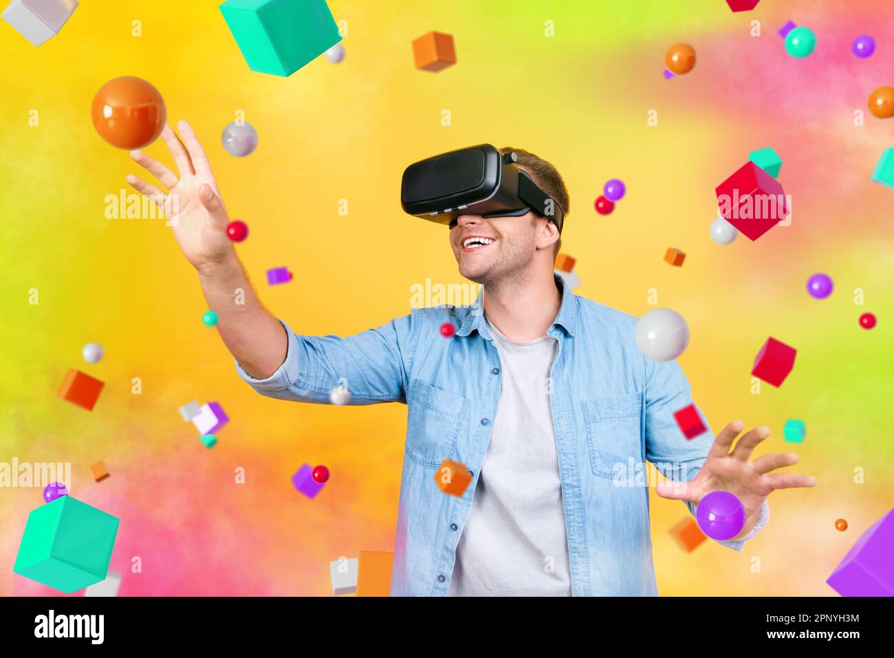 Collage portrait of funny excited guy hands catch touch flying colorful ...