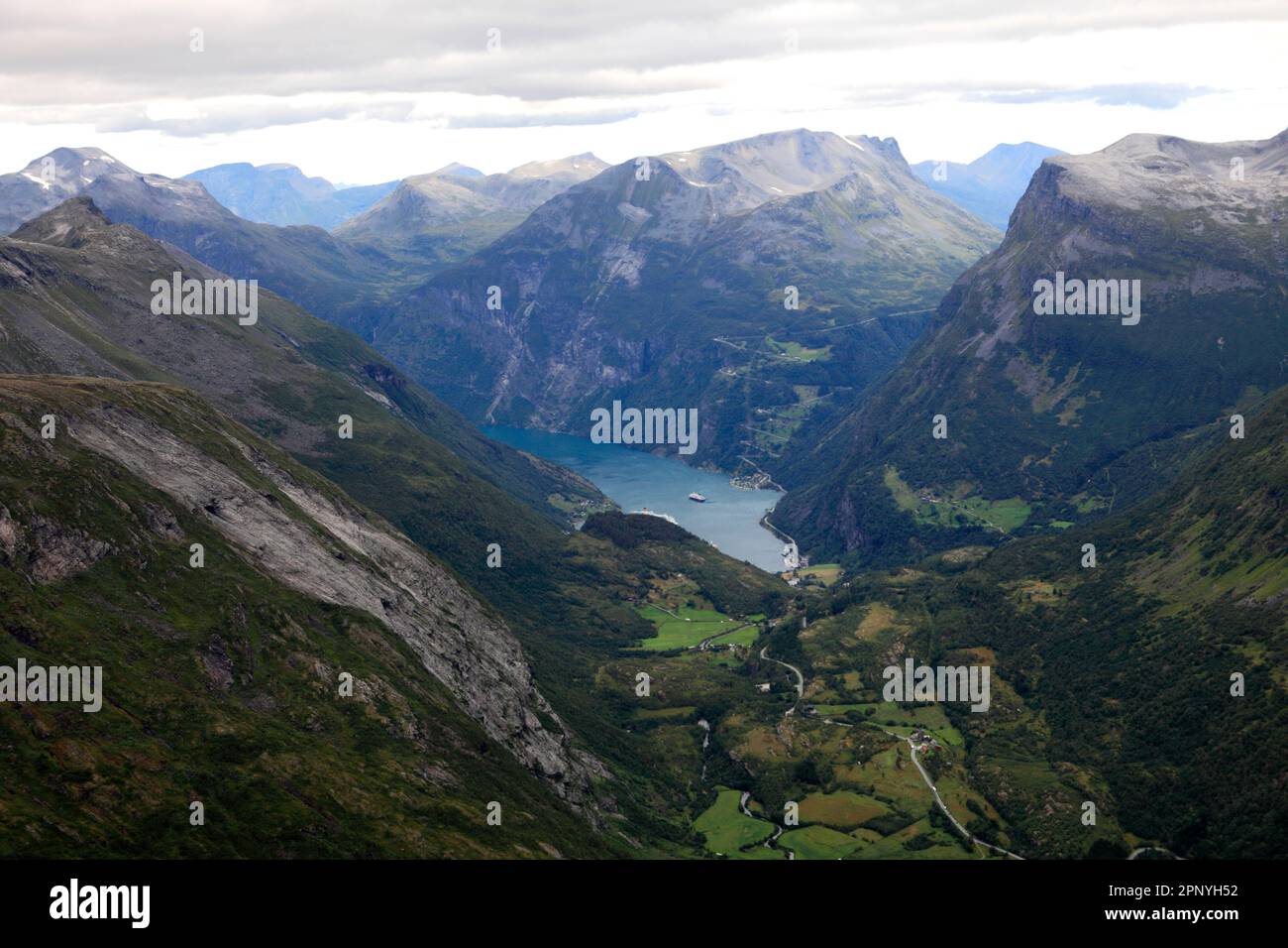 view of Geiranger town and Geirangerfjord, UNESCO World Heritage Site ...