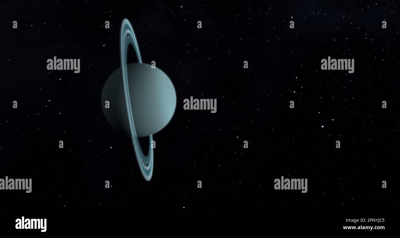 View to planet Uranus from space. Uranus - ice giant planet, thirteen rings and the five main ...