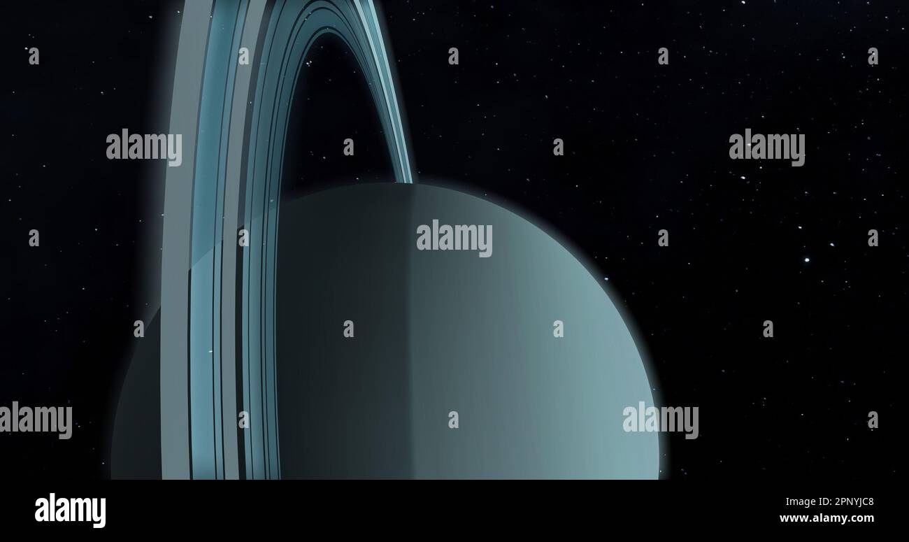 View to planet Uranus from space. Uranus - ice giant planet, thirteen rings and the five main ...