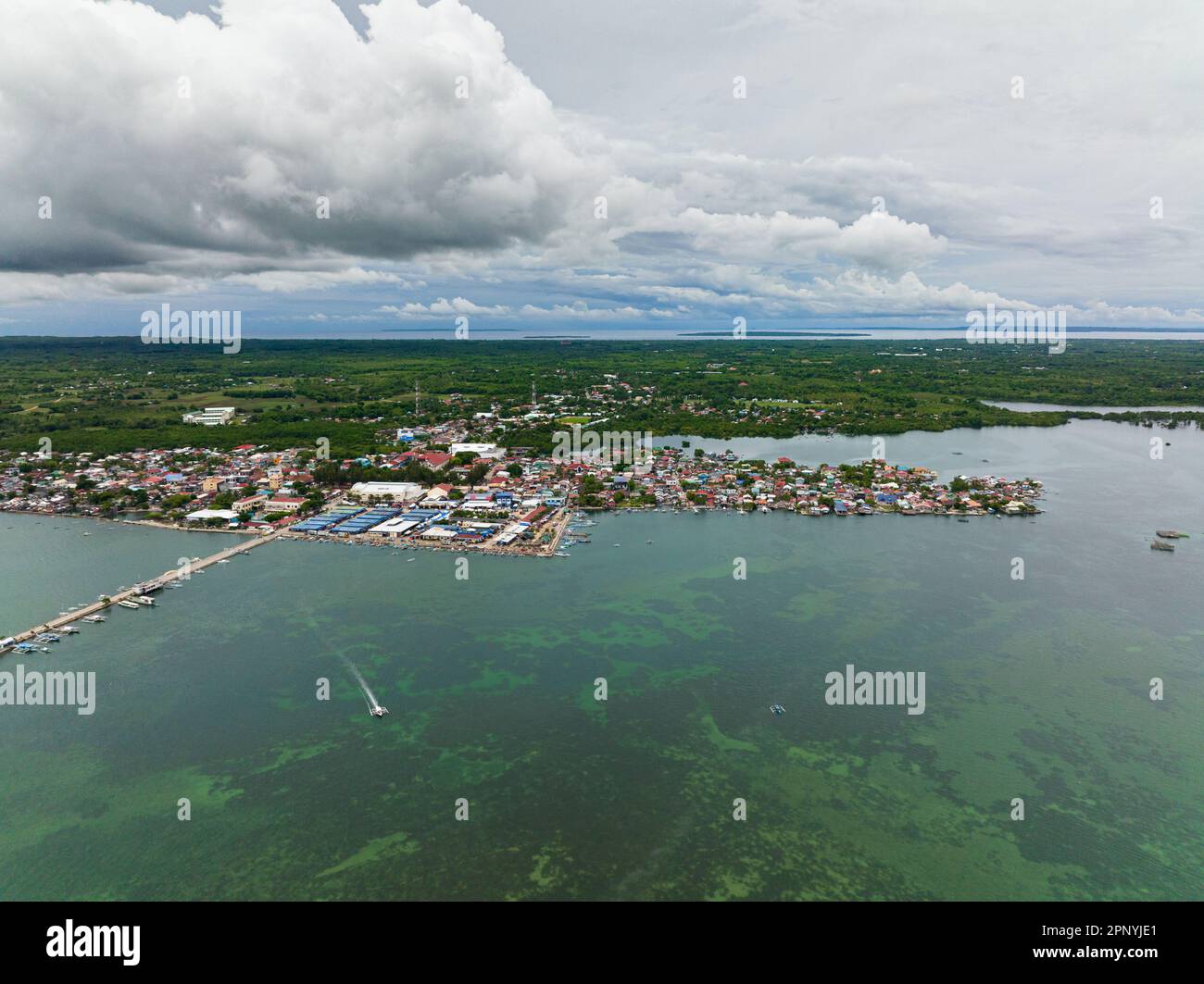 Aerial drone of coastal town on Bantayan Island. Philippines Stock ...