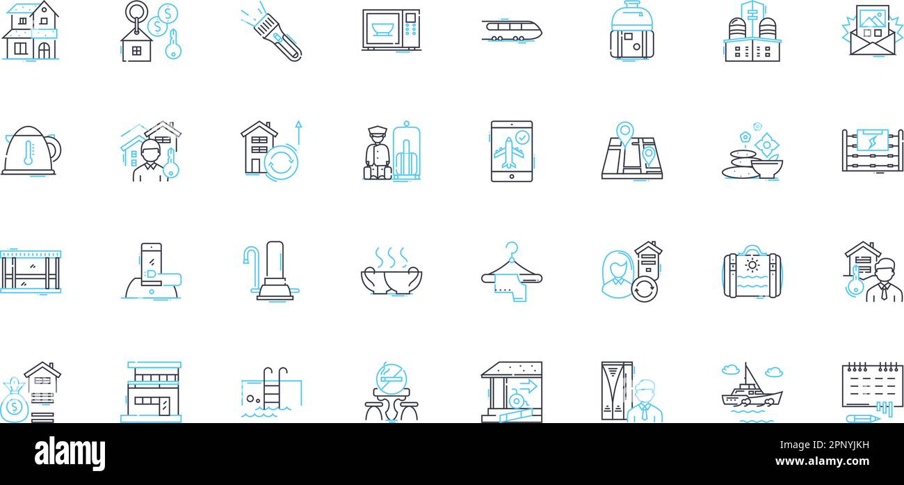 Mountain lodges linear icons set. Panoramic , Secluded, Rustic, Serene ...