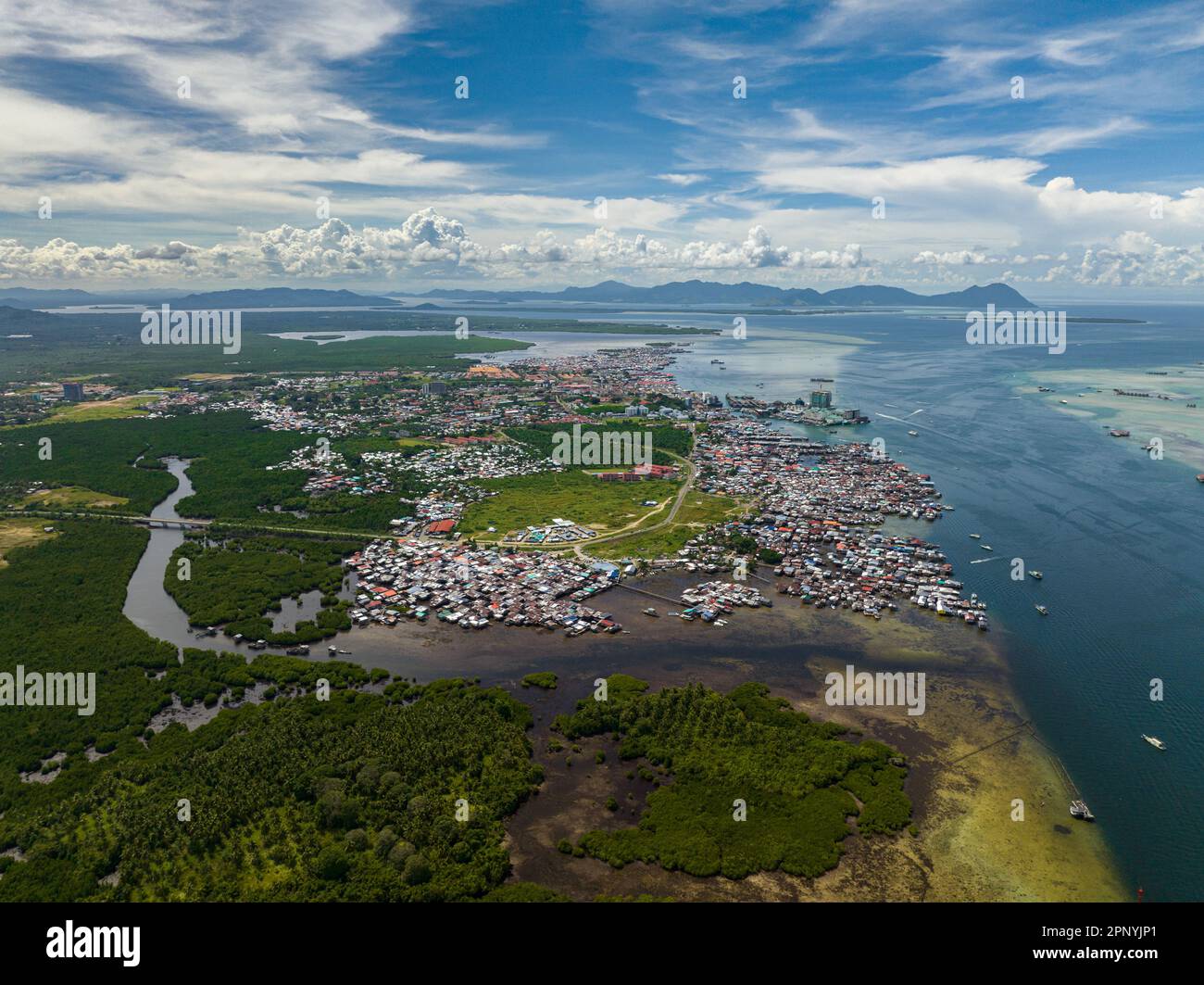 Aerial view of panorama of the city of Semporna with residential ...