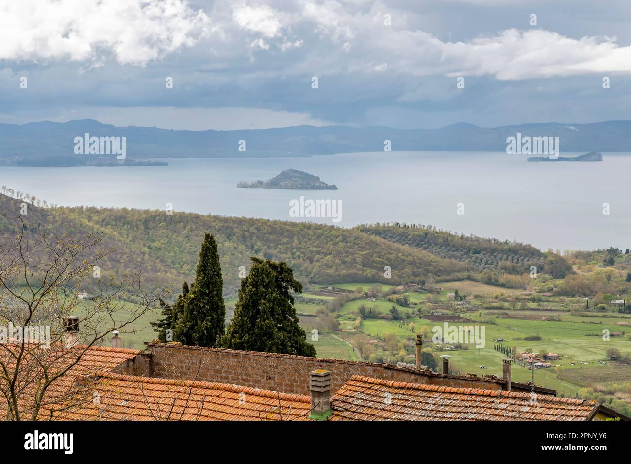 Aerial panorama of Lake Bolsena from Montefiascone, Italy, including ...
