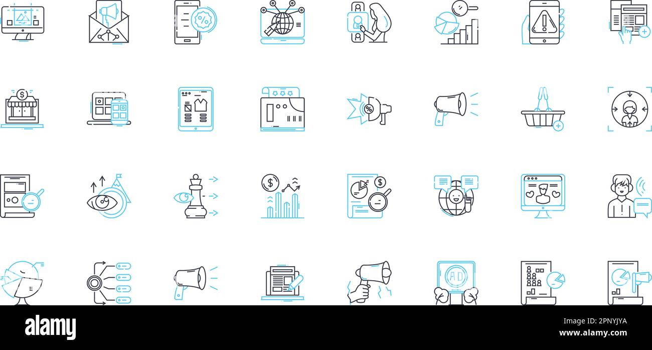 Online media linear icons set. Digital, Web, Streaming, Viral, Social, Interactive, Multimedia ...