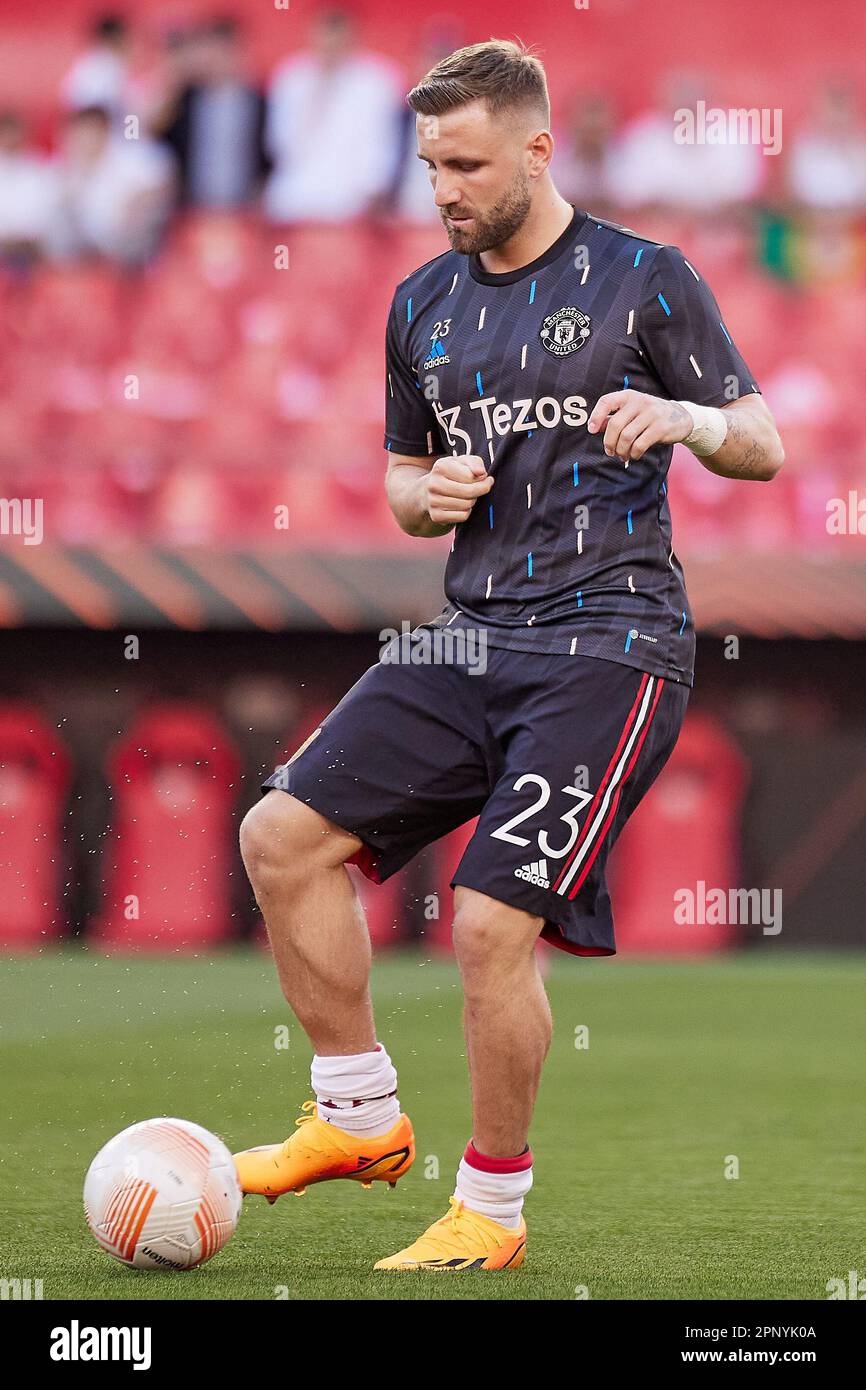 Seville, Spain. 20th Apr, 2023. Luke Shaw (23) of Manchester United is ...