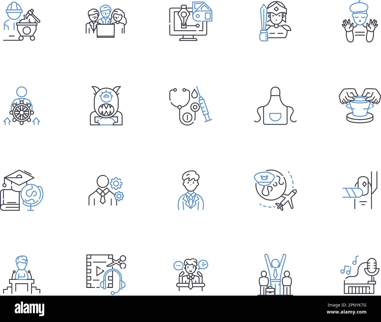 Duties performed line icons collection. Management, Coordination ...
