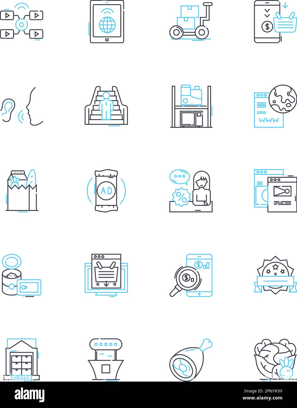 World trade linear icons set. Exports, Imports, Tariffs, Globalization ...