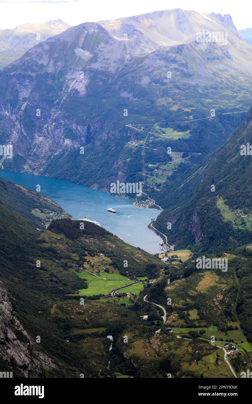 view of Geiranger town and Geirangerfjord, UNESCO World Heritage Site ...