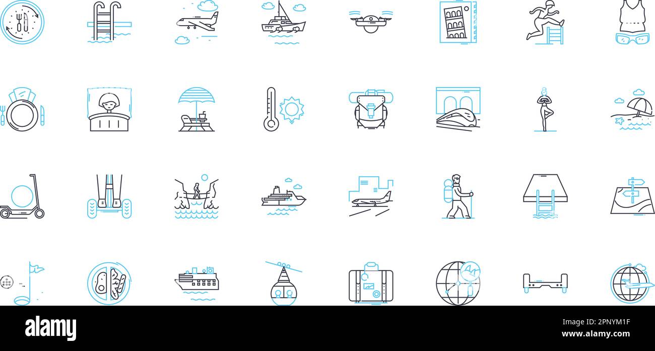 Escapade linear icons set. Adventure, Thrill, Excitement, Action-packed ...