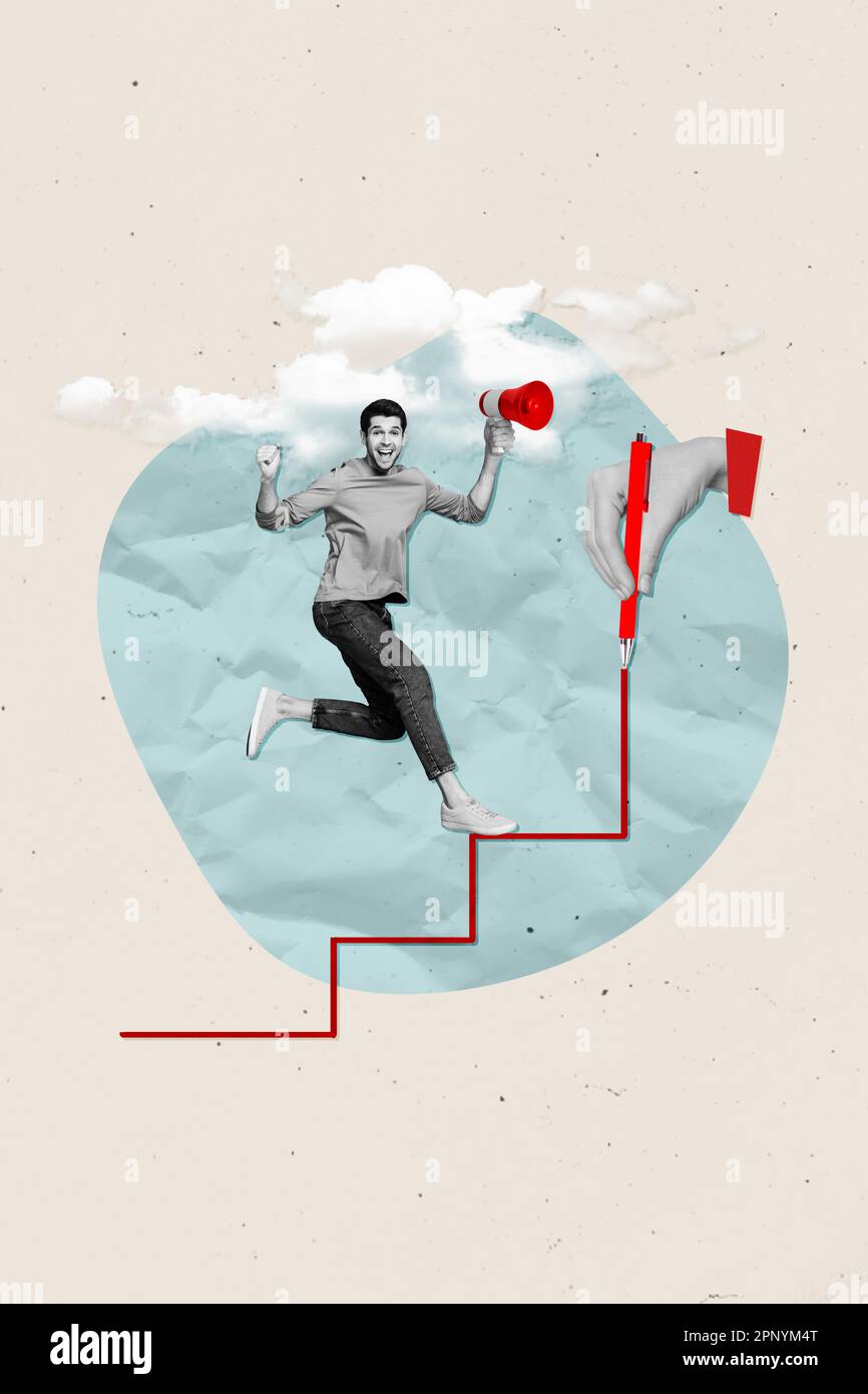 Creative photo collage of young excited career progress active guy hold ...