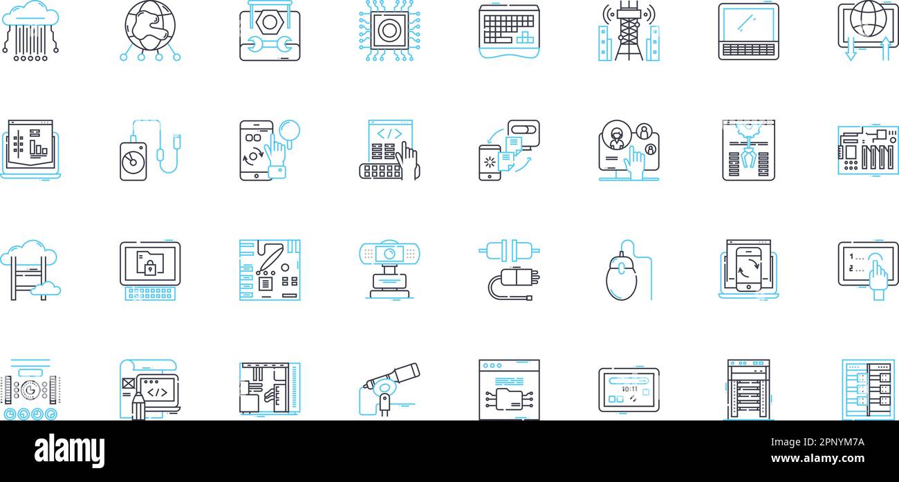 Digital device linear icons set. Smartph, Tablet, Laptop, Desktop, Smartwatch, Fitness tracker ...