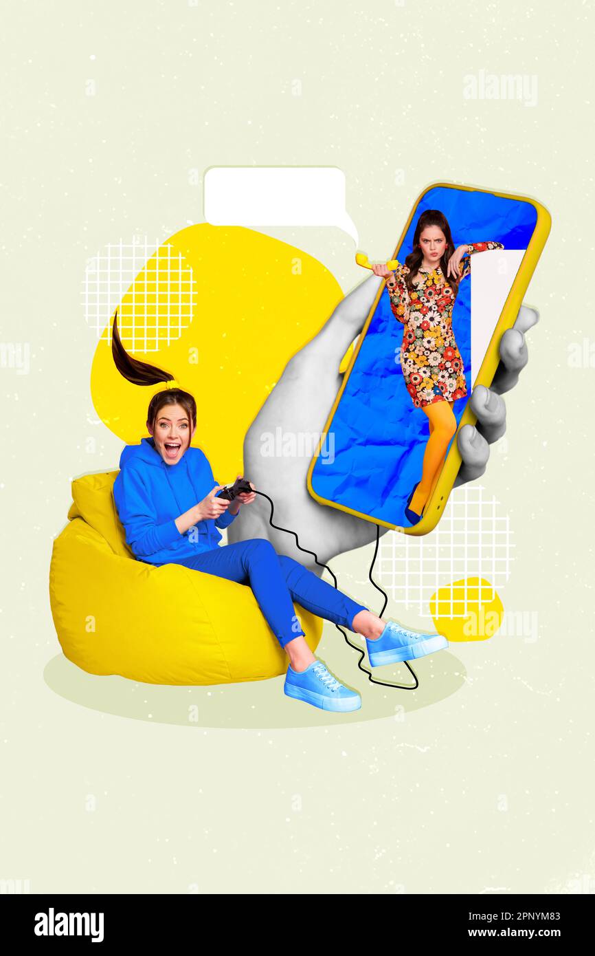 Collage of funny girl playing gamepad sony xbox console addicted ...