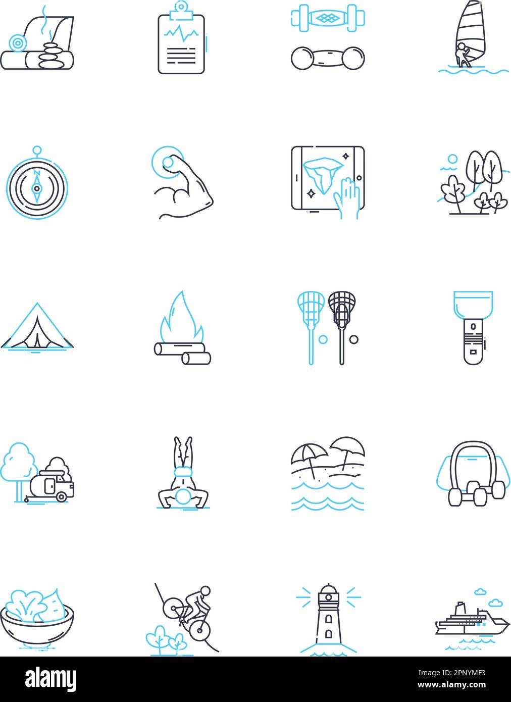 Beach vacations linear icons set. Sun, Sand, Waves, Surfing, Kayaking ...
