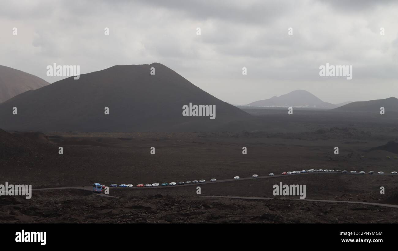 Cars waiting to enter the Timanfaya National Park on Lanzarote Stock ...