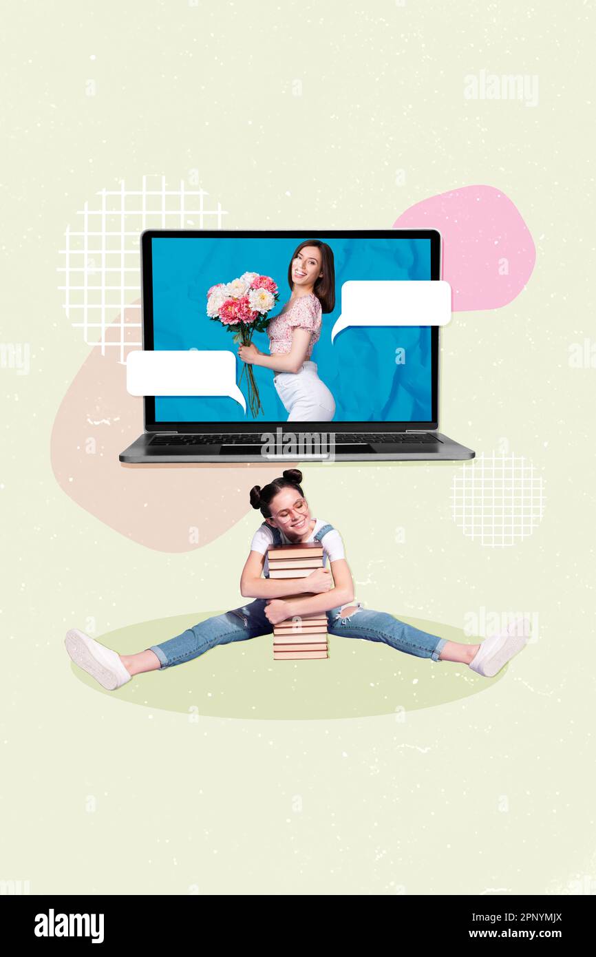 Vertical collage picture of two positive mini girls hug pile stack book ...