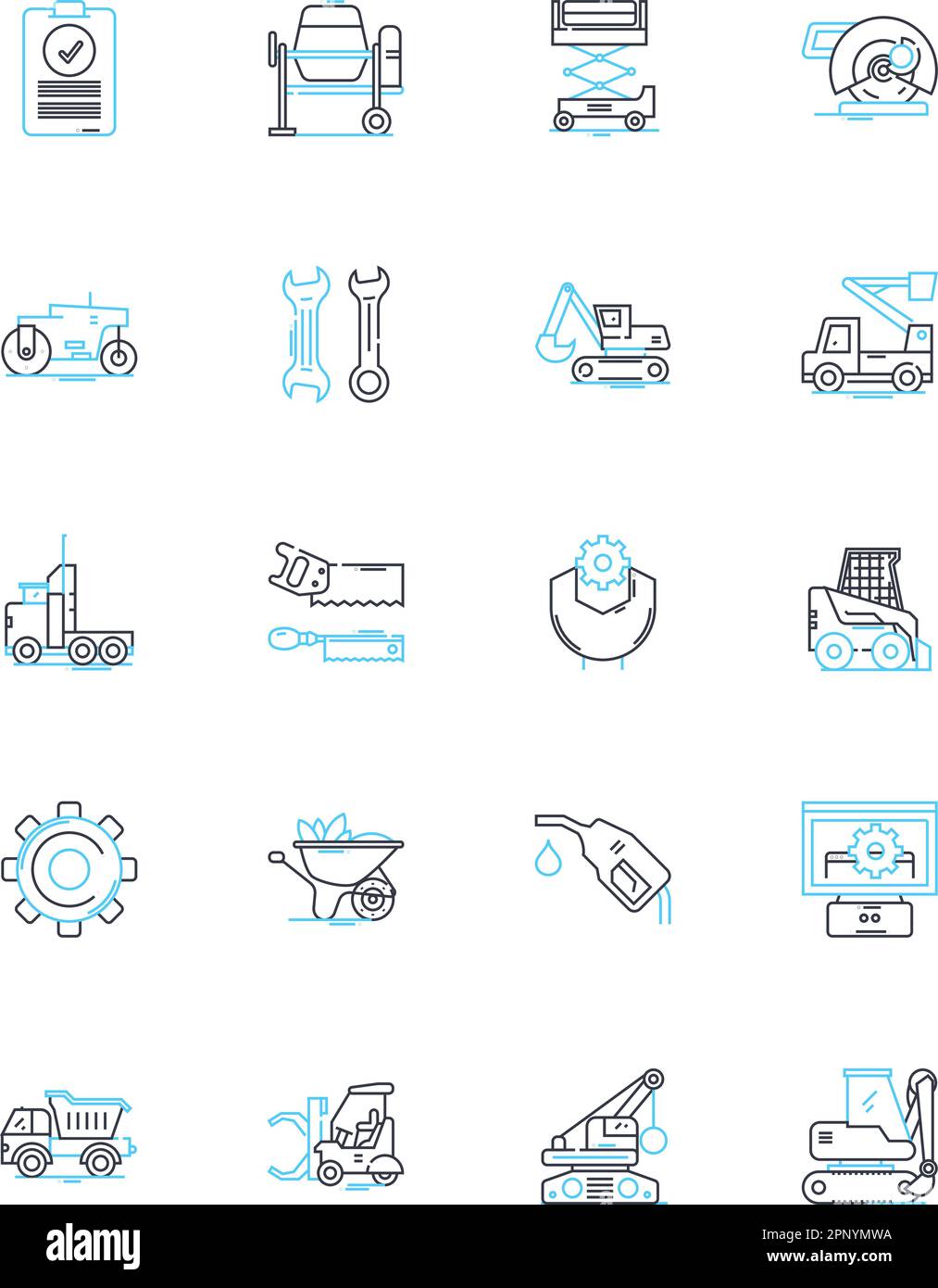 Agricultural equipment linear icons set. Tractor, Harvester, Seeder ...