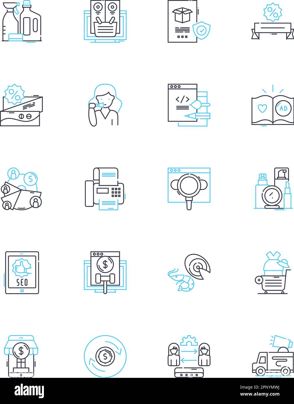National economy linear icons set. Growth, Inflation, Debt, Unemployment, Trade, GDP ...