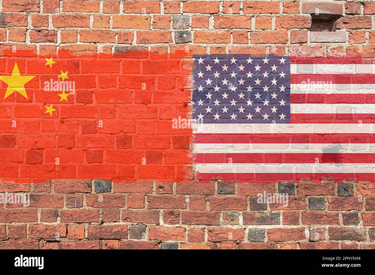 Flag of America and China painted on a brick wall. Flag on a stone wall ...