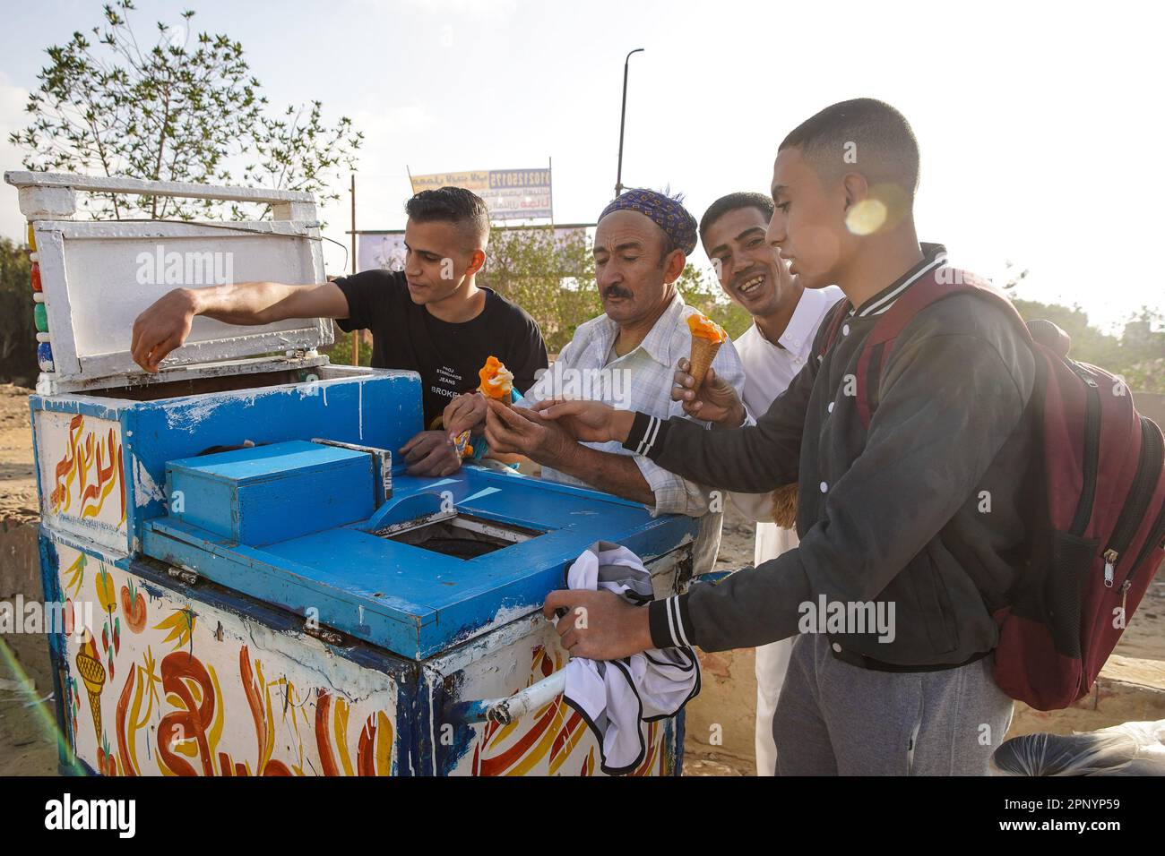 Abu Sir, Egypt. 21st Apr, 2023. A man sells ice cream after Eid al-Fitr ...