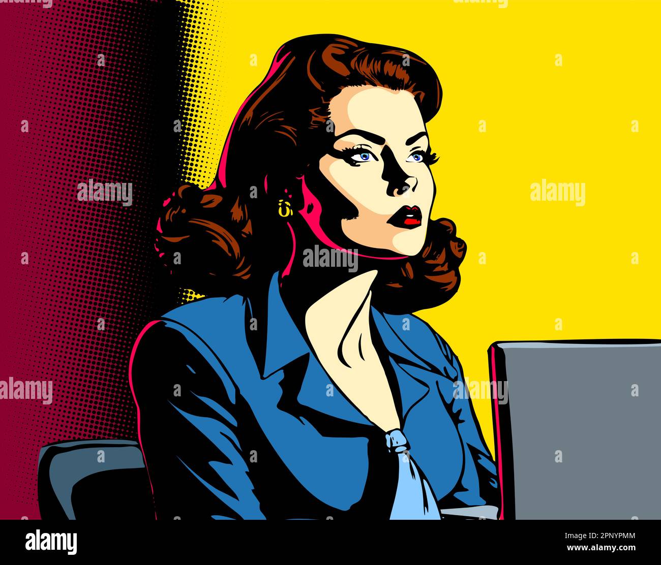 Woman with laptop. Business woman in comics or pop-art style working in ...