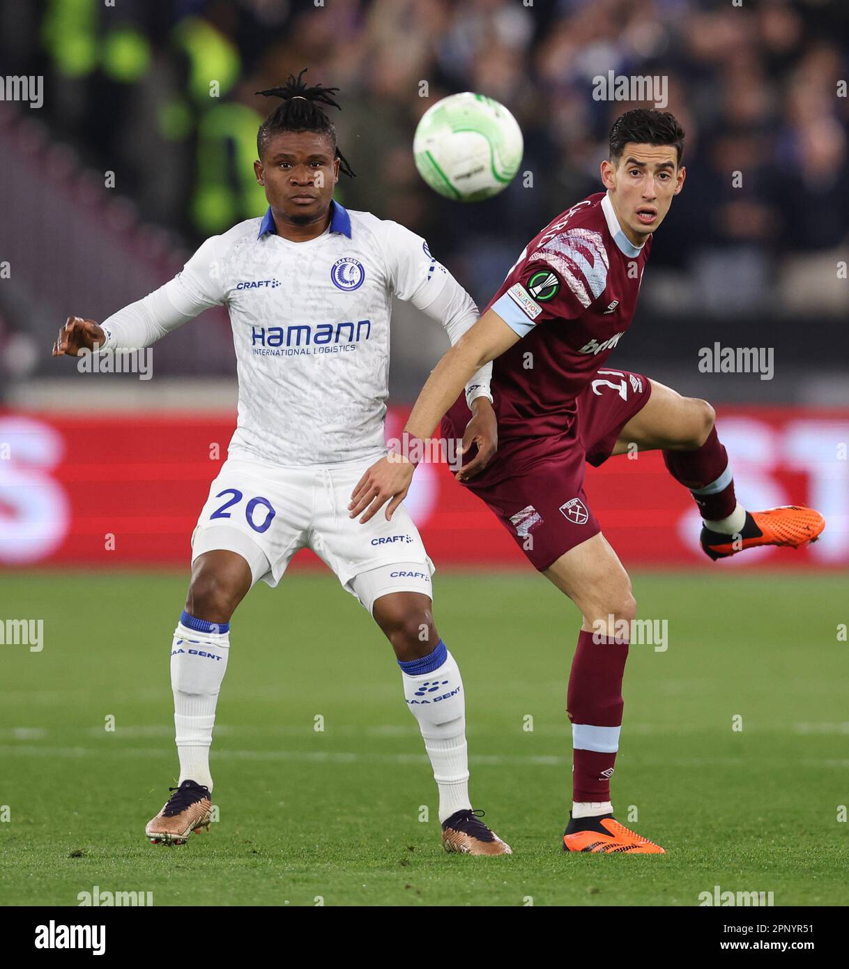 London, UK. 20th Apr, 2023. Gift Orban of KAA Gent and Nayef Aguerd of ...