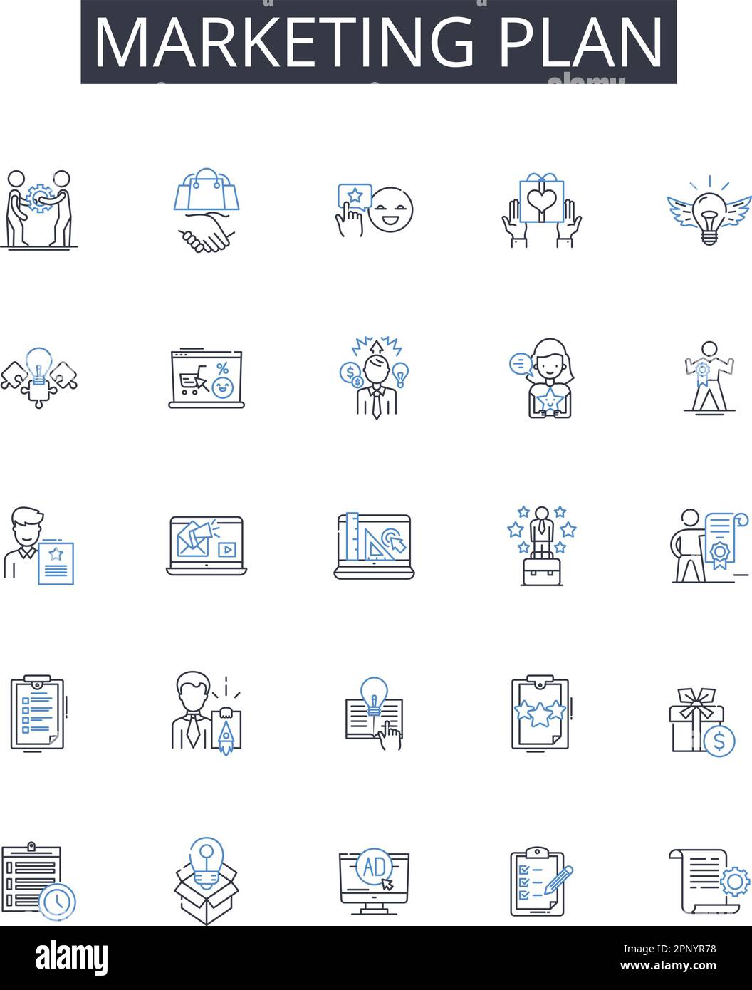 Marketing plan line icons collection. Sales pitch, Advertising scheme ...
