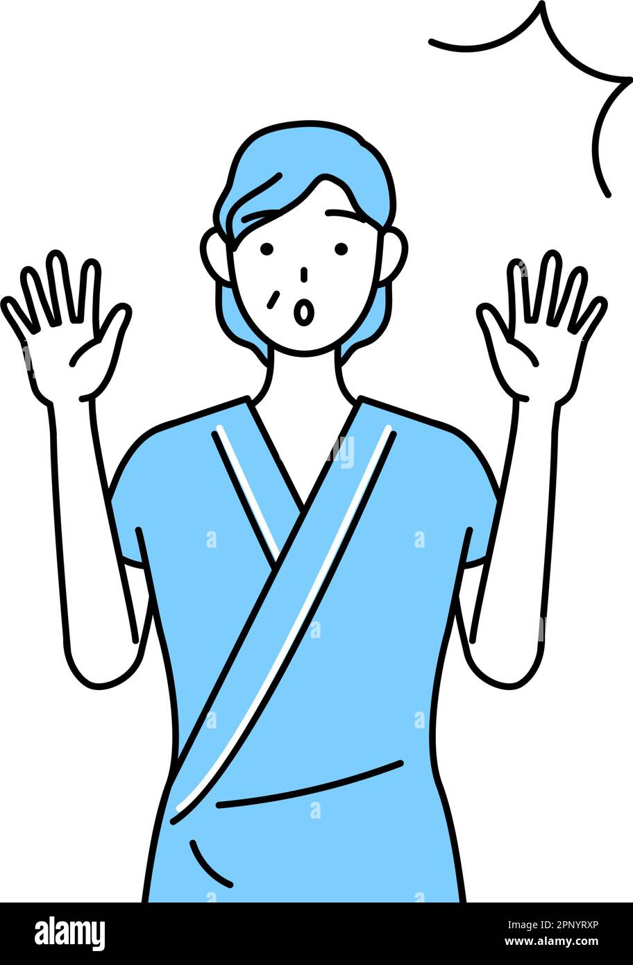 Middle-aged and senior female admitted patient in hospital gown raising ...