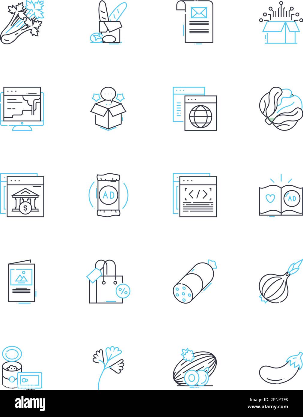 Groceries linear icons set. Produce, Dairy, Bakery, Canned, Meat ...