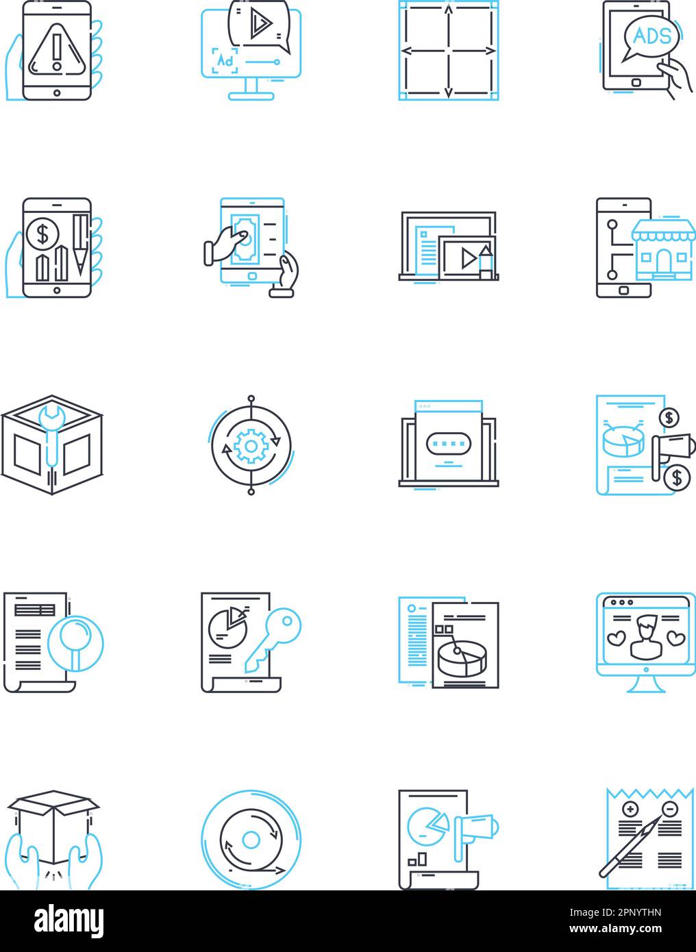 Advertising firm linear icons set. Branding, Marketing, Creative, Media ...
